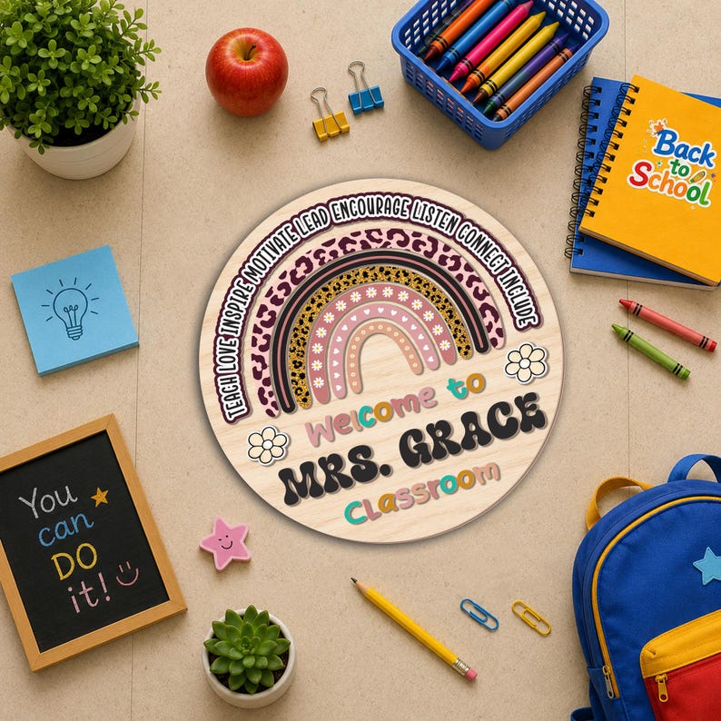 Personalized Rainbow Teacher Door Sign, Custom Teacher Name Classroom ...
