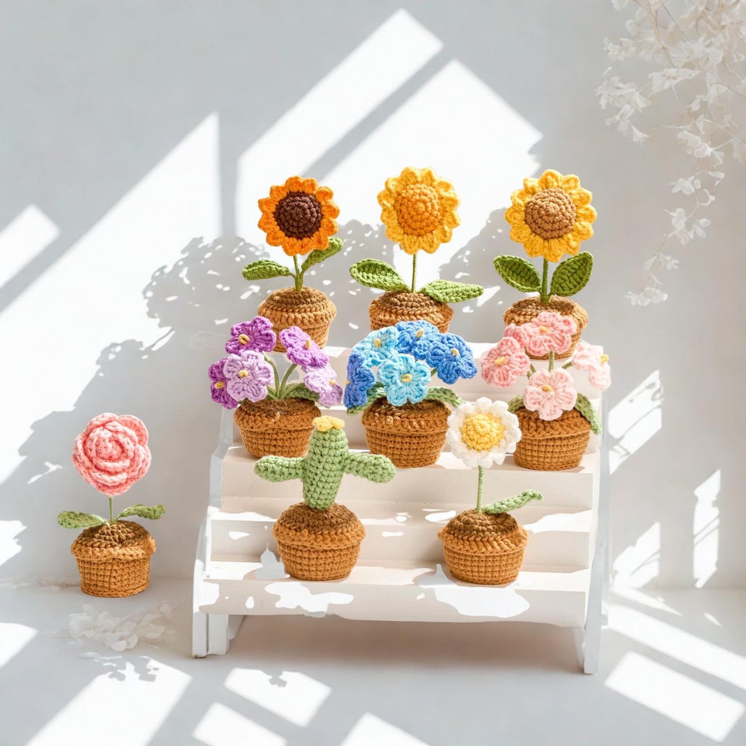 Handmade Crochet Flower Gift Set – Mini Yarn Flowers in Vase or Pot ...