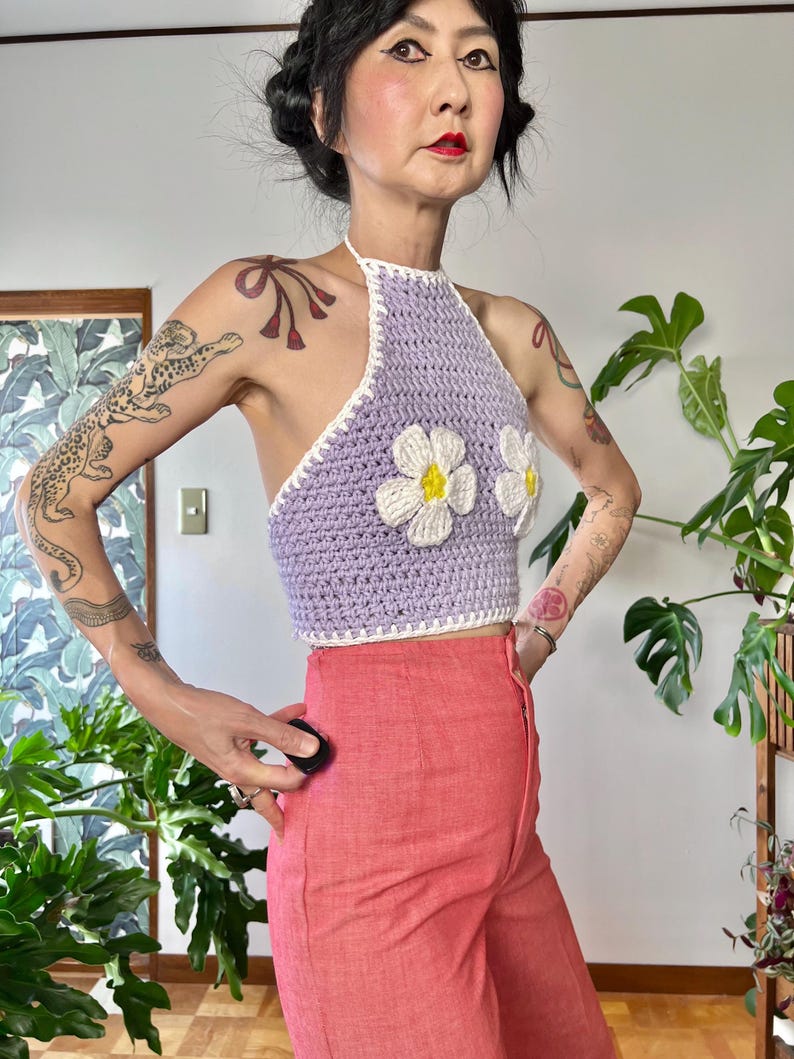 1960s 70s Hand-crochet Daisy Appliqué Backless Halter Top Lavender ...