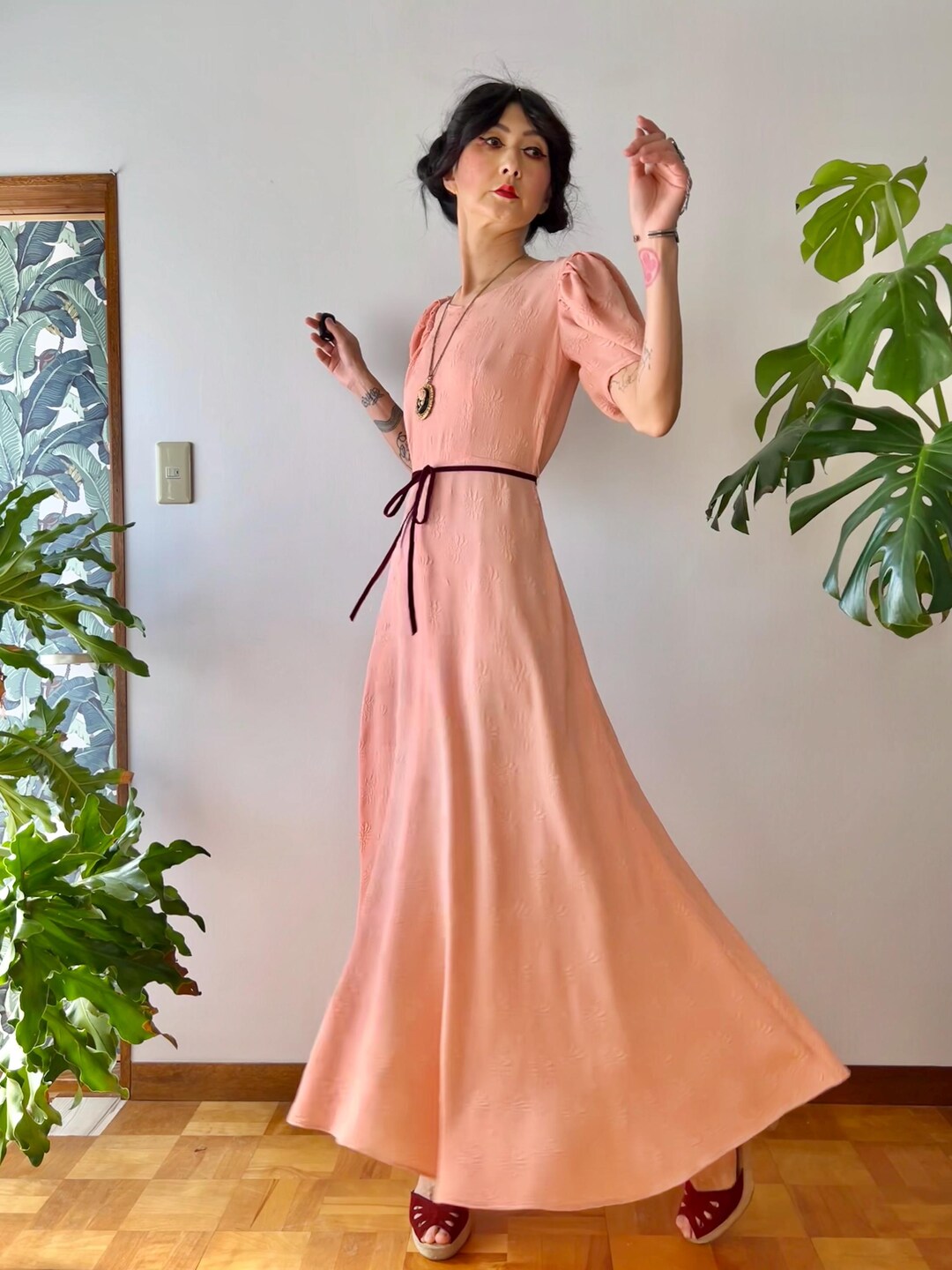 1930s Pink Rayon Crepe Evening Gown Blister-effect Figured Embossed ...