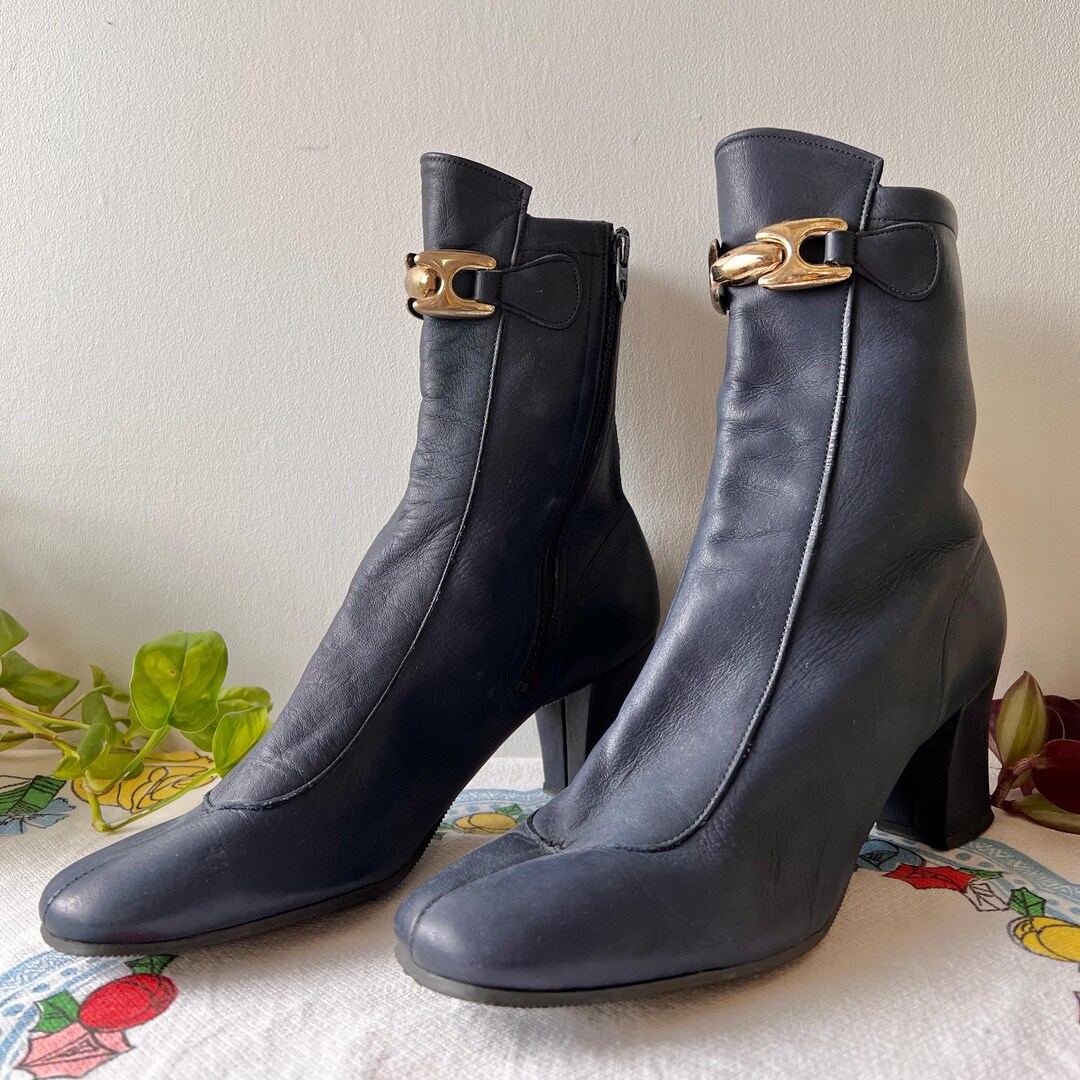 1970s Navy Leather Ankle Boots | Vintage Gogo Mod Boots | Rare Gold ...