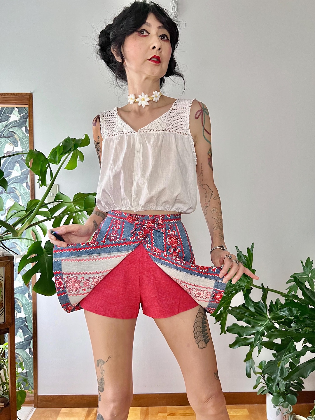 1960s Red Bandana Print Mini Skort – Ultra Mini Wrap Skirt With Built ...