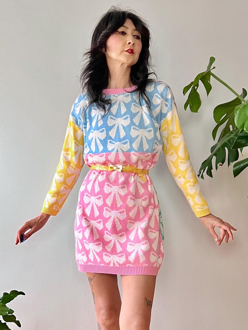 1980s Betsey Johnson Punk Label Pastel Color Block Bow Knit Sweater ...