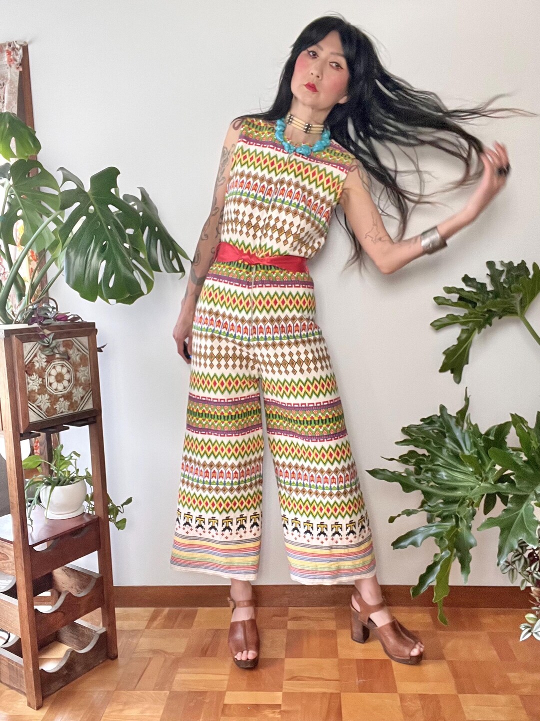 Vintage 60s Native-inspired Geometric Print Cotton Jumpsuit | XS S ...