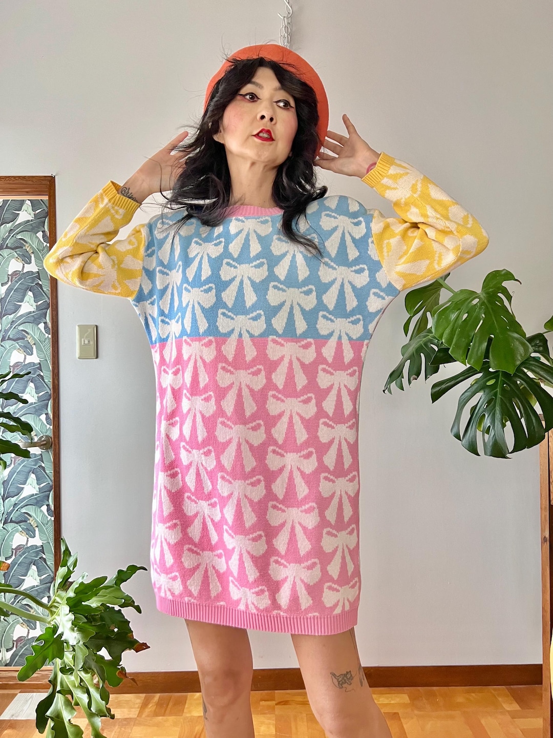 1980s Betsey Johnson Punk Label Pastel Color Block Bow Knit Sweater ...