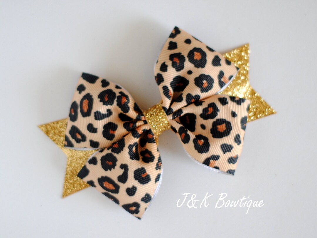 Leopard Hair Bow, Gold and Leopard Bow, Birthday Hair Bow, Glitter Hair ...