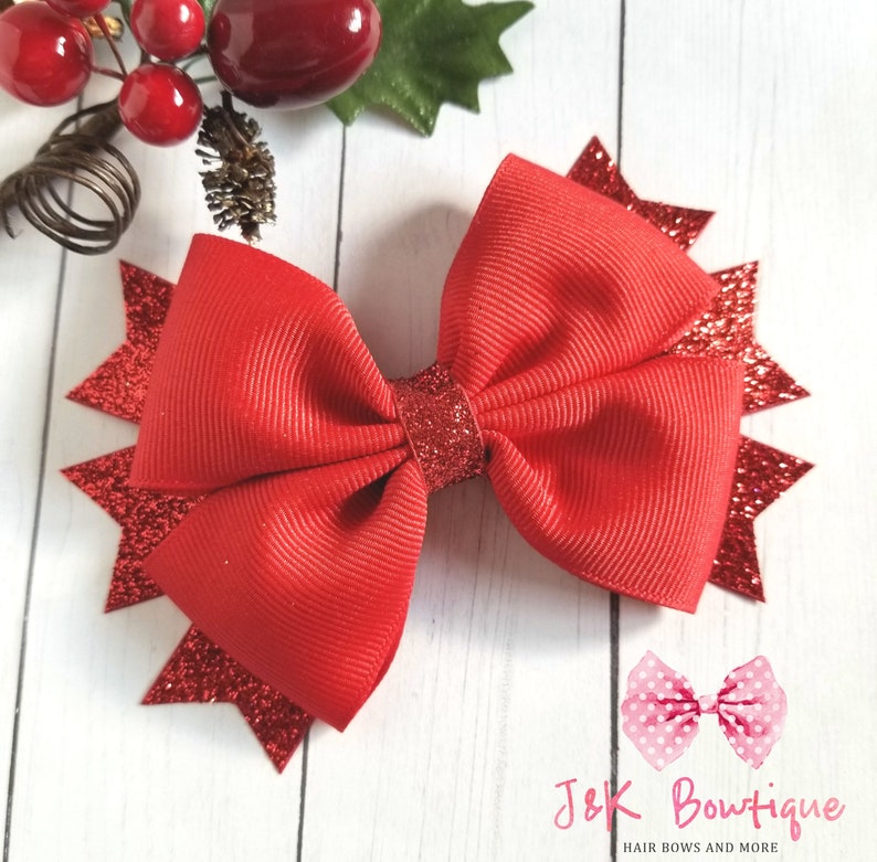 Red Christmas bow Red glitter hair bow Red Holiday hair bow | Etsy