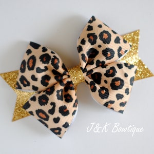 Leopard Hair Bow, Gold and Leopard Bow, Birthday Hair Bow, Glitter Hair ...