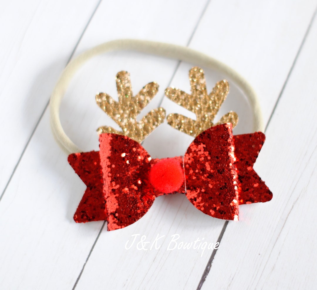 Reindeer Hair Bow Christmas Hair Bow Glitter Bow Holiday - Etsy