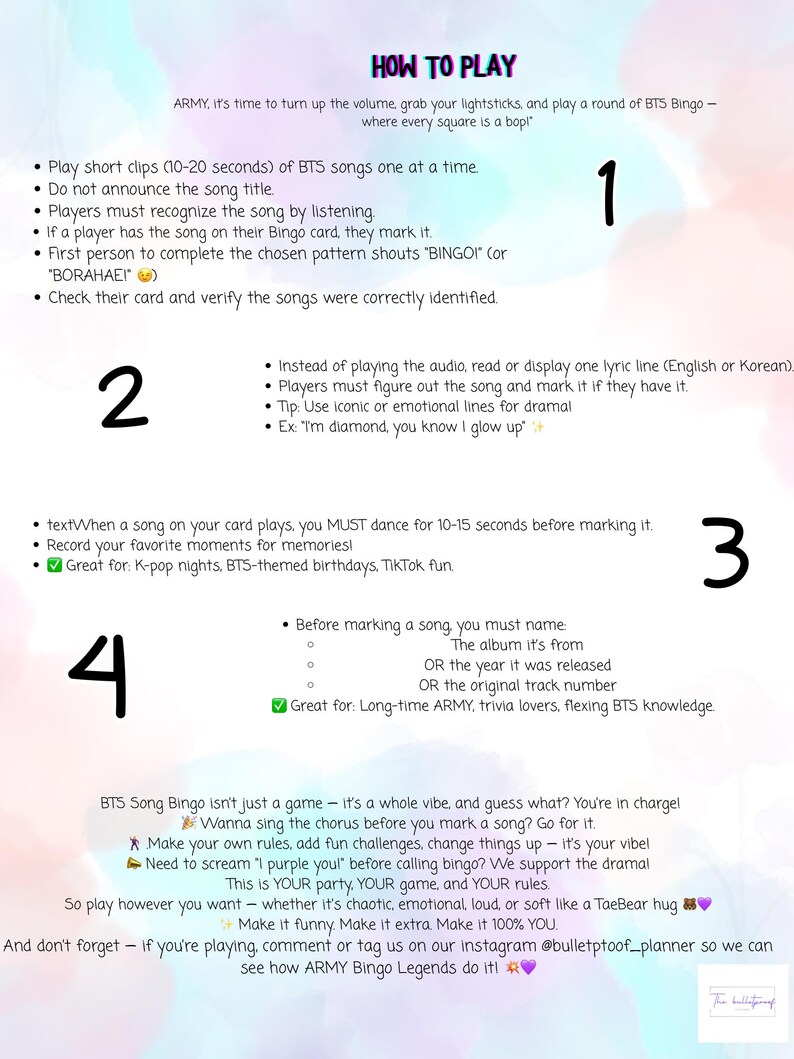 BTS Bingo Game | Printable Digital Download | 4 Cards(4 Players) | BTS ...