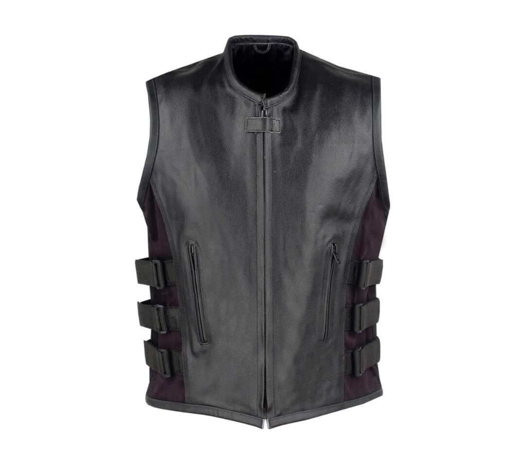 Men's Black Tactical Leather Vest | Adjustable Side Buckles | Club ...