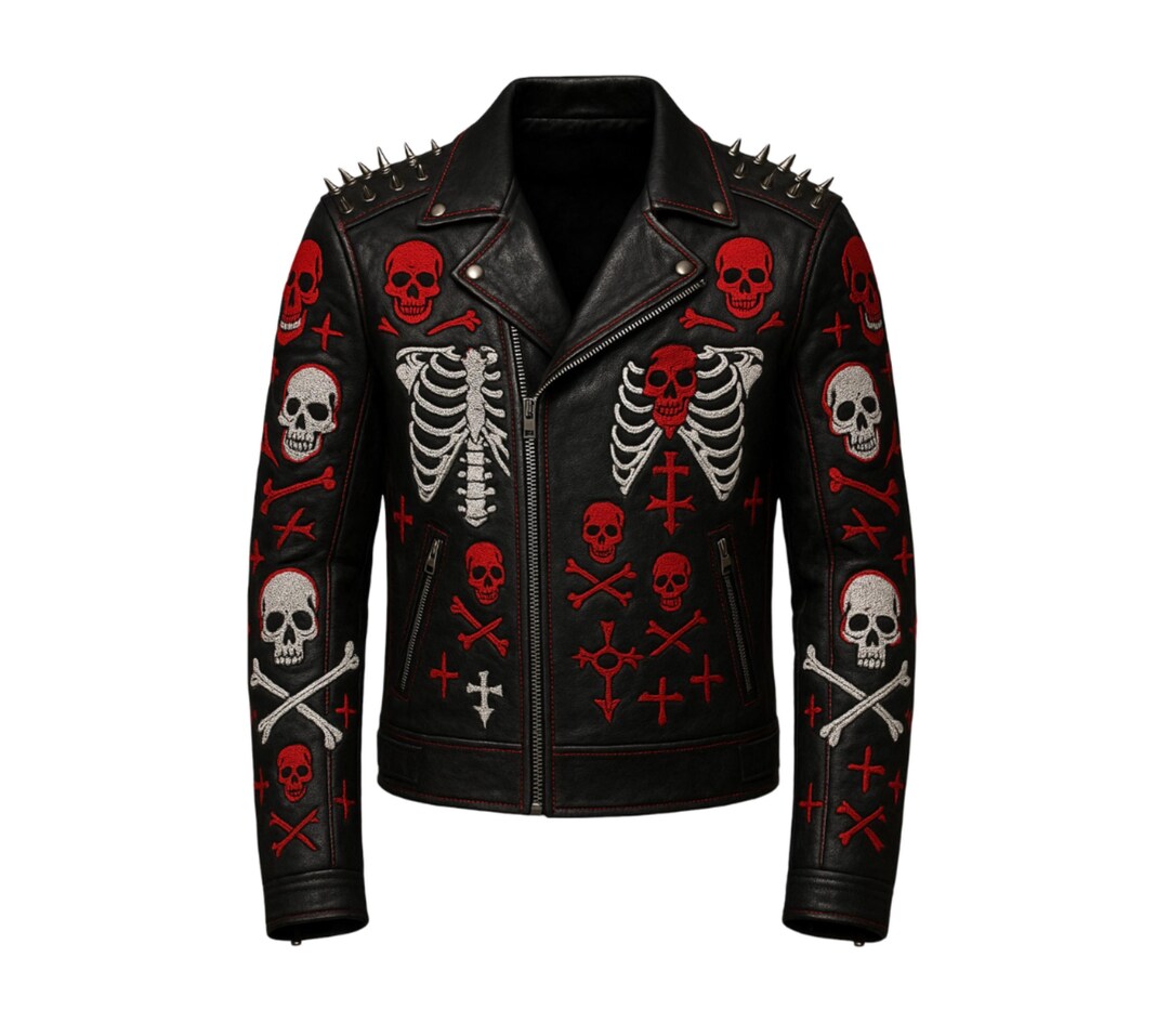 Embroidered Skull Leather Biker Jacket: Gothic Punk Moto Coat - Etsy