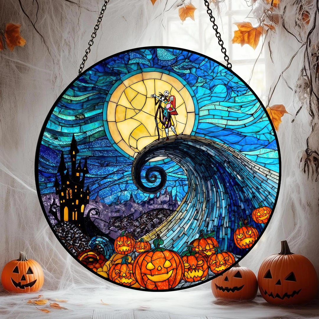 Jack and Sally Stained Glass Suncatcher, Gothic Halloween Decor, Spooky ...