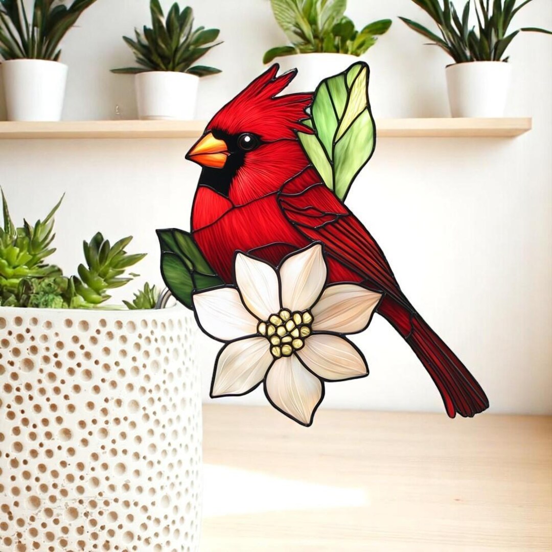 Fire Red Cardinal Bird Stained Glass Style Planter – Suncatcher Plant ...