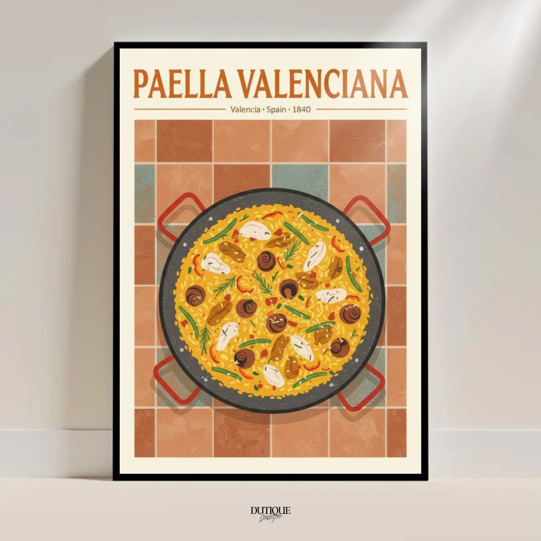 Paella Valenciana Poster Spanish Food Vintage Art Print Kitchen Wall ...