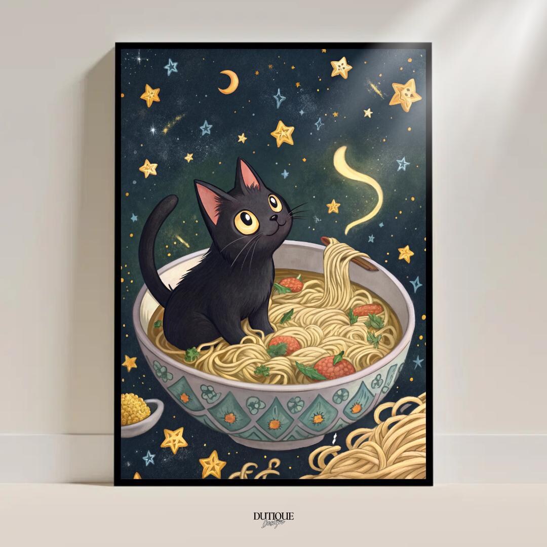 Space Ramen Cat Poster Kawaii Black Cat in Space Printable Wall Art ...