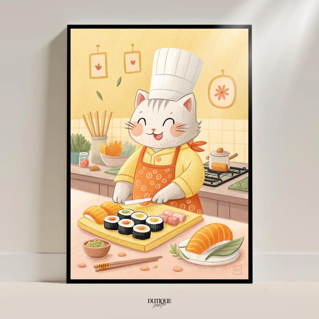 Kawaii Sushi Chef Cat Poster Cute Kitchen Wall Art Japanese Food ...