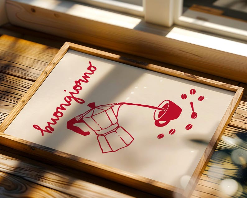 Buongiorno Poster Italian Coffee Print Moka Pot Wall Art Red Espresso ...