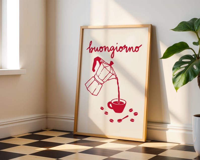 Buongiorno Poster Italian Coffee Print Moka Pot Wall Art Red Espresso ...