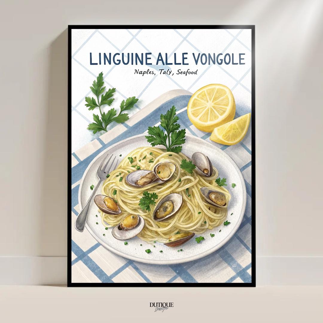 Linguine Alle Vongole Art Print Italian Food Poster Seafood Wall Art ...