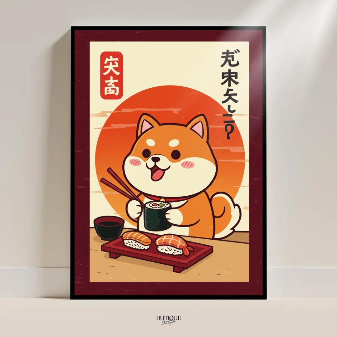 Retro Japanese Shiro Inu Dog Eating Sushi Poster Print Vintage ...