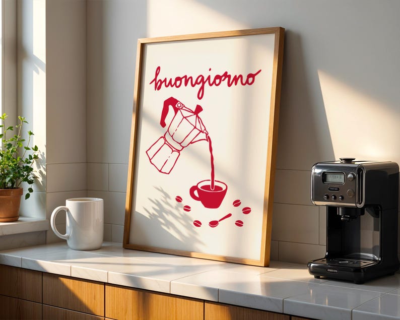 Buongiorno Poster Italian Coffee Print Moka Pot Wall Art Red Espresso ...
