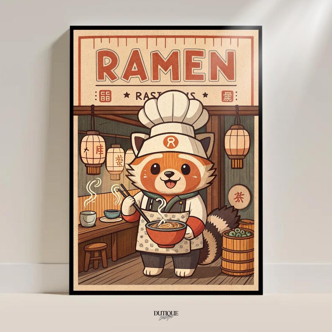 Cute Red Panda Ramen Cook Poster Japanese Noodle Shop Vintage Wall Art ...