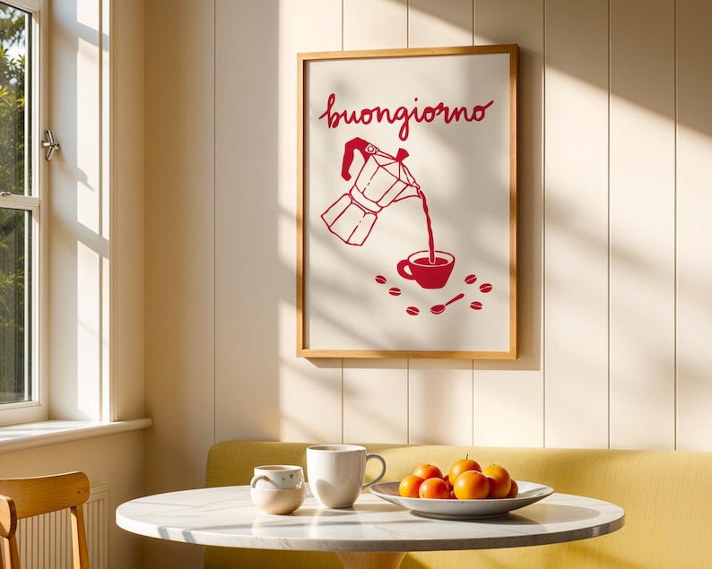 Buongiorno Poster Italian Coffee Print Moka Pot Wall Art Red Espresso ...