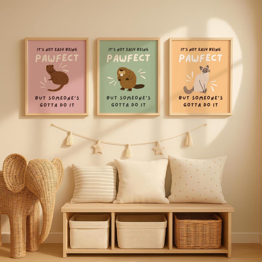 Neutral Animal Nursery Prints: Cat, Beaver, Mink Pun Wall Art (digital ...
