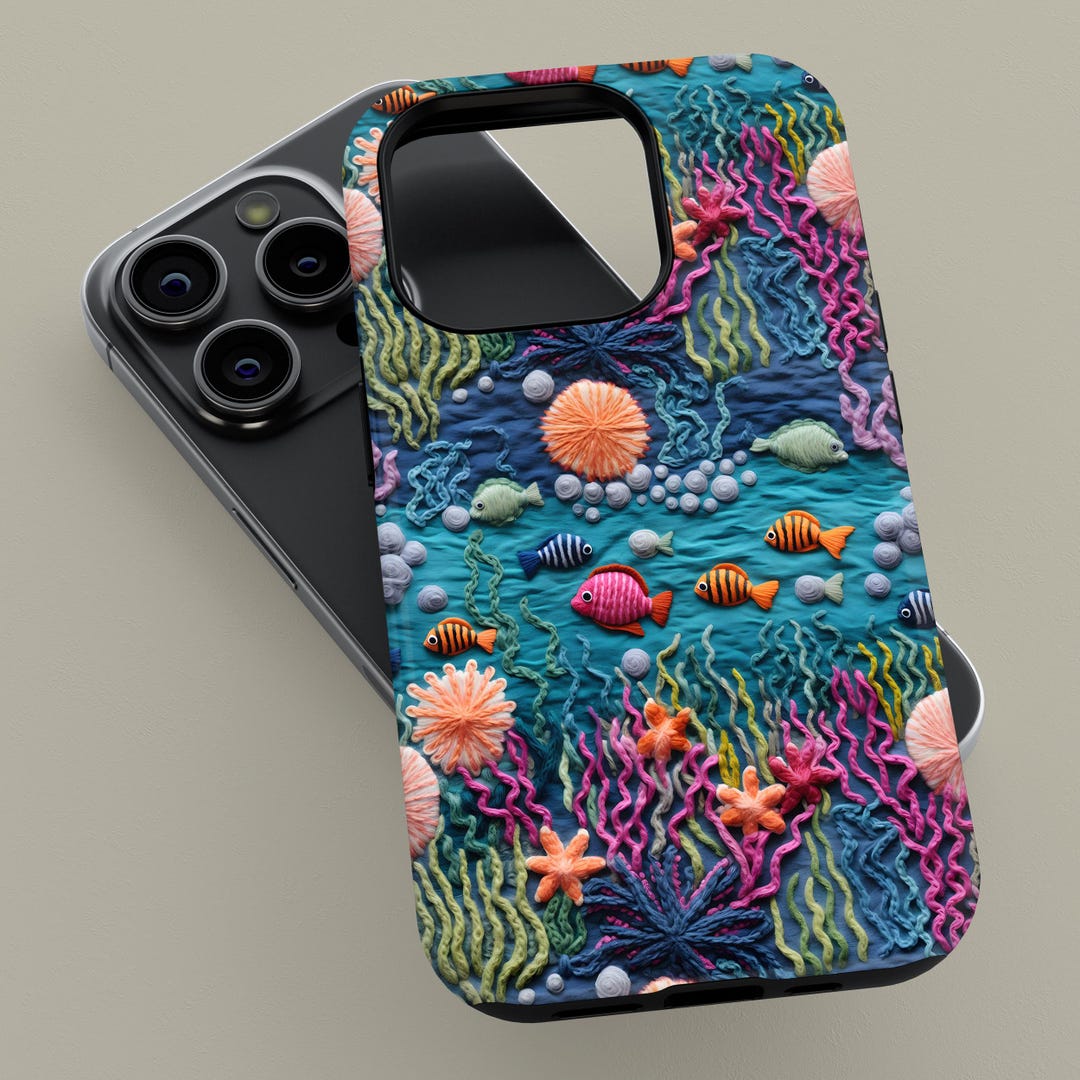 Faux Embroidered Spring Ocean Phone Case for iPhone 16 15 14 13 12 11 ...