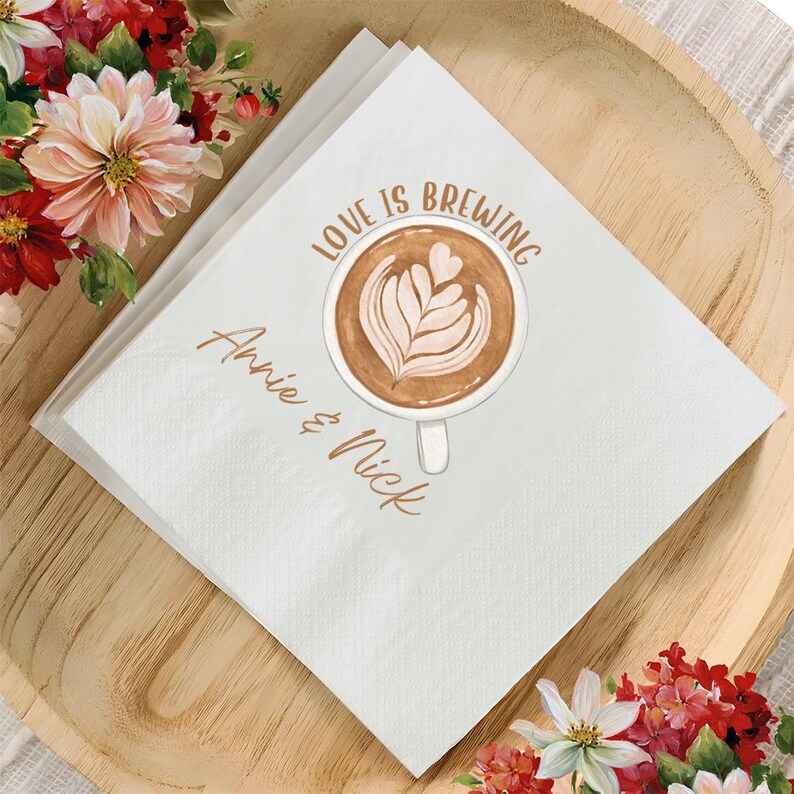 Love is Brewing Cocktail Napkins, Custom Coffee Bridal Shower Napkins ...