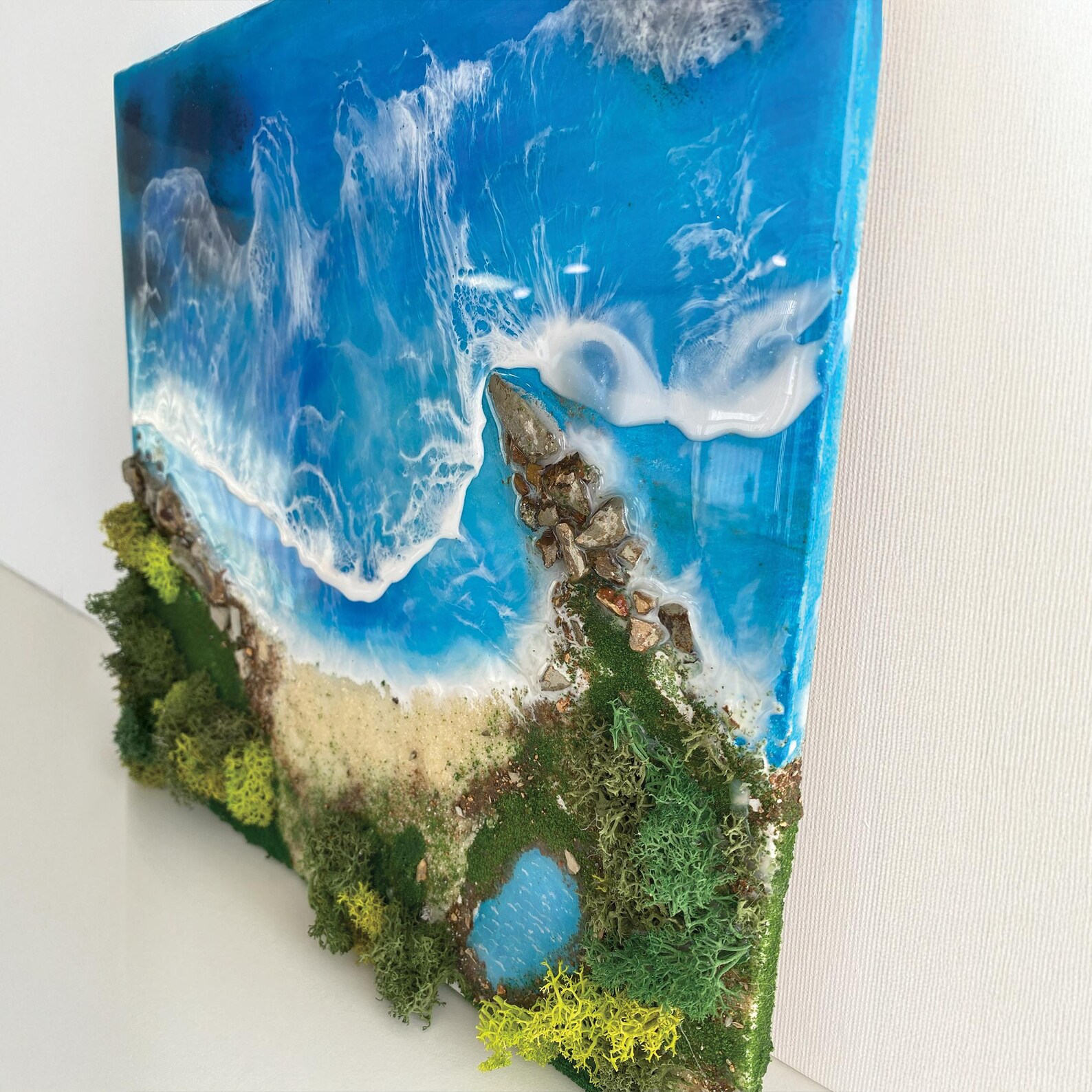 3D Epoxy Resin Beach Wall Art, Ocean Seascape With Scandinavian Moss ...