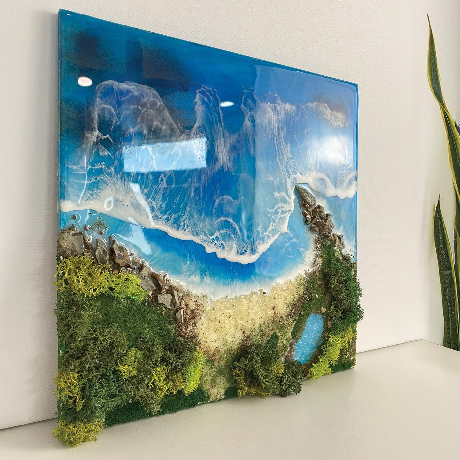 3D Epoxy Resin Beach Wall Art, Ocean Seascape With Scandinavian Moss ...