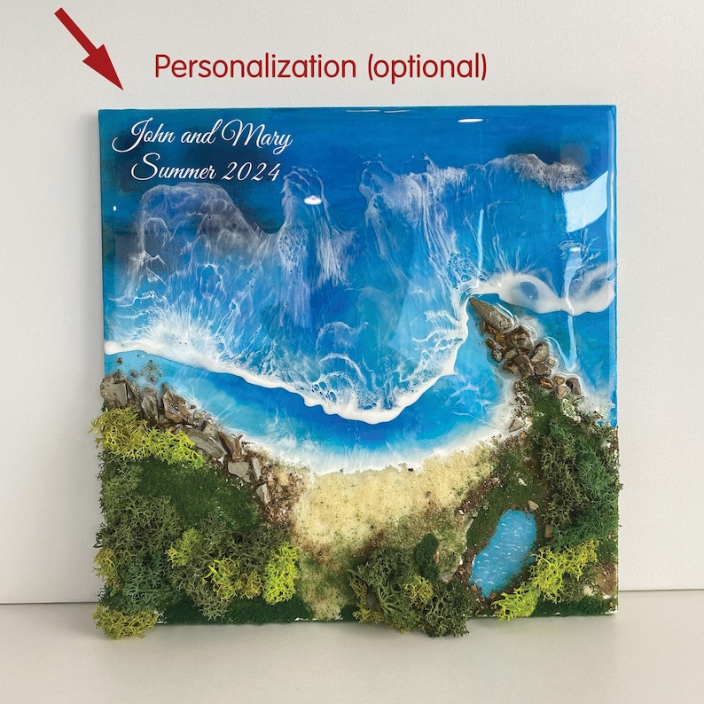 3D Epoxy Resin Beach Wall Art, Ocean Seascape With Scandinavian Moss ...