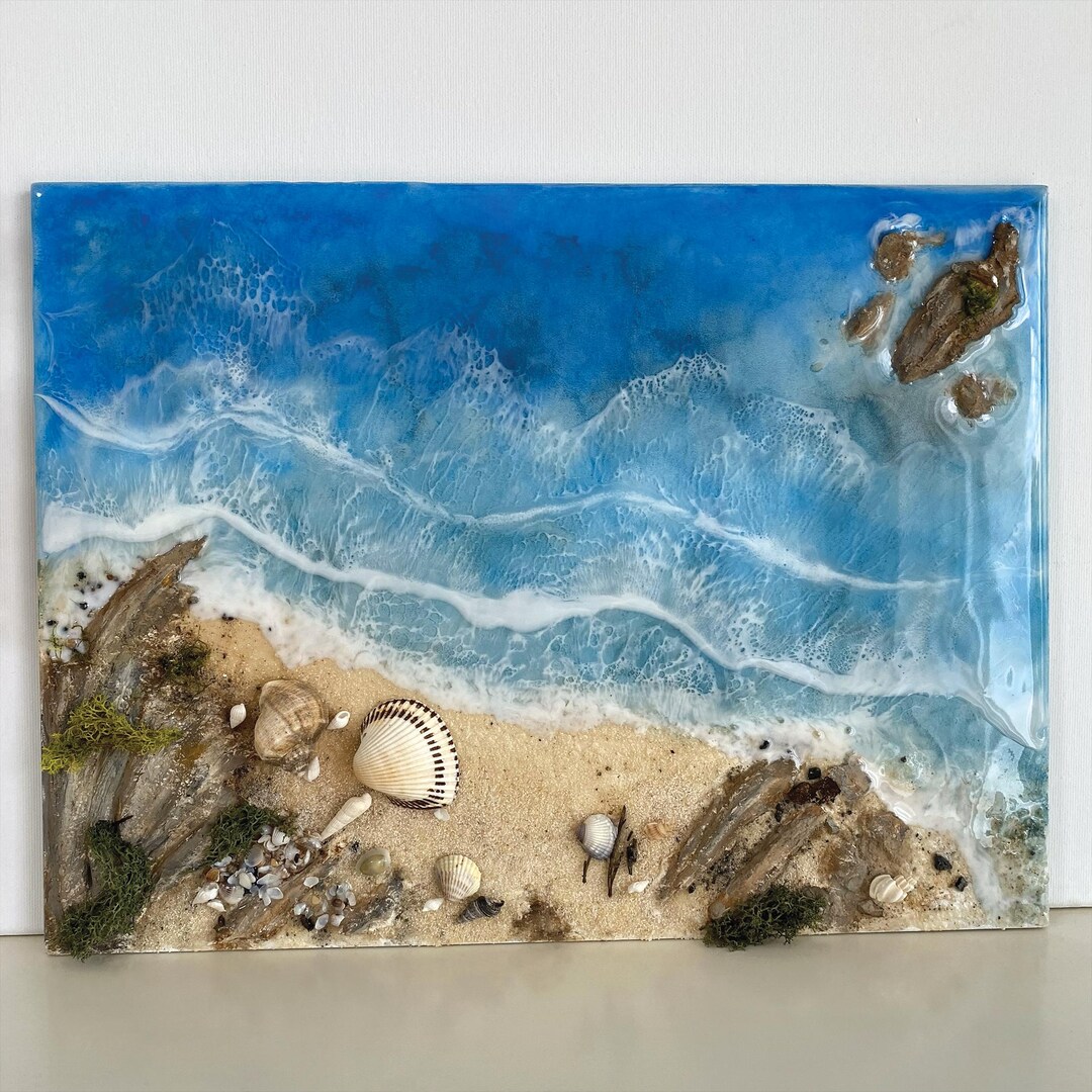 3D Epoxy Resin Beach Large Wall Art, Ocean Seascape With Shells & Sand ...