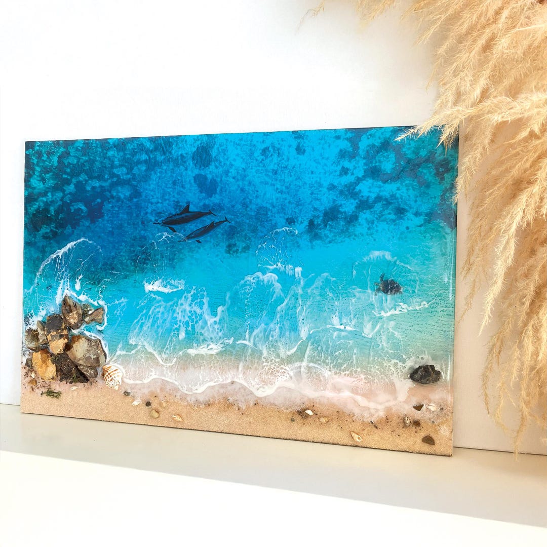 3D Epoxy Resin Beach Large Wall Art, Ocean Seascape With Dolphins ...