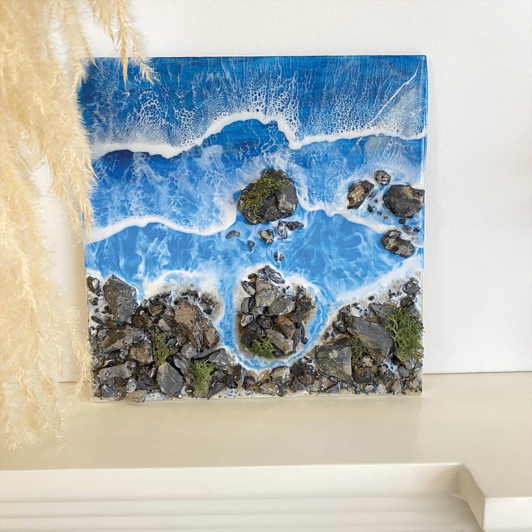 3D Epoxy Resin Beach Wall Art, Ocean Seascape With Scandinavian Moss ...