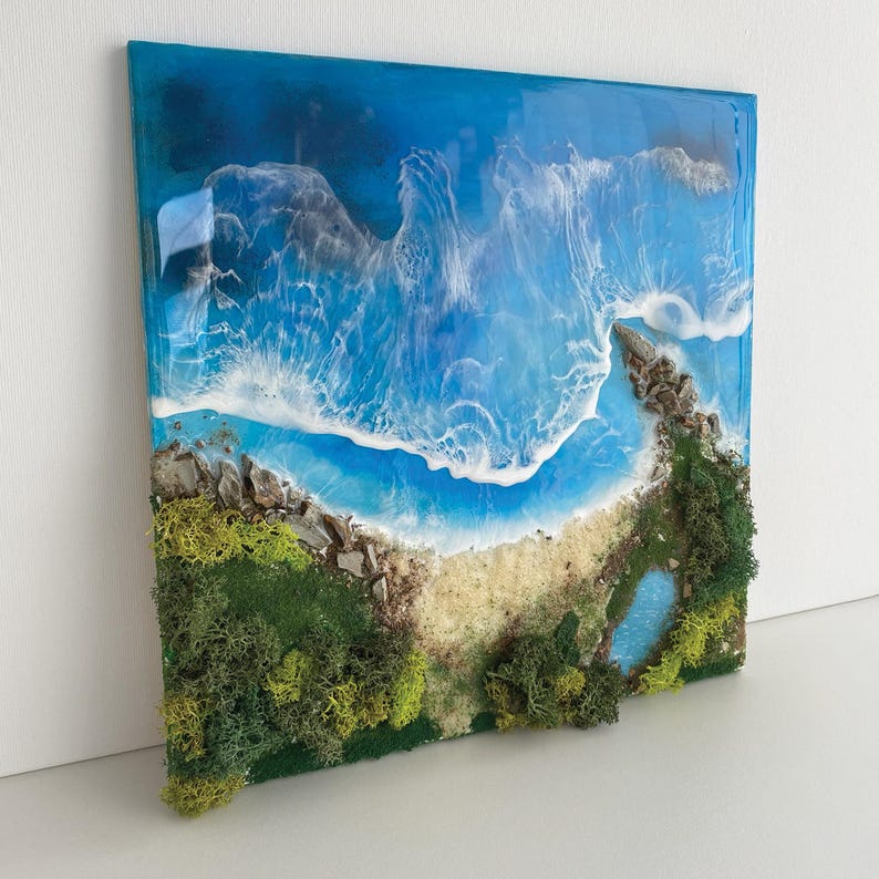3D Epoxy Resin Beach Wall Art, Ocean Seascape With Scandinavian Moss ...