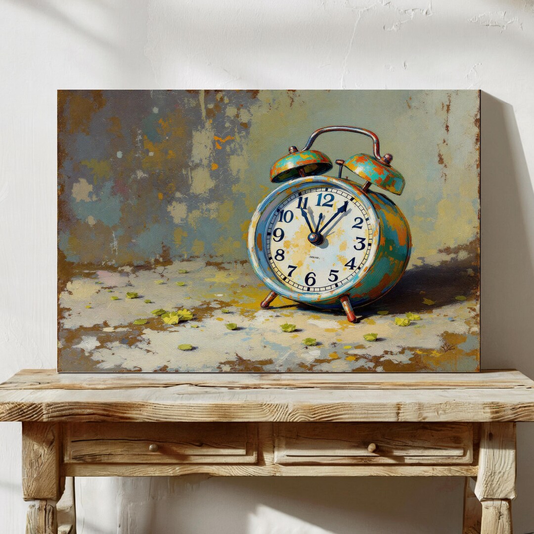Vintage Alarm Clock Canvas Art Print Silver Clock Wall Art Neutral ...