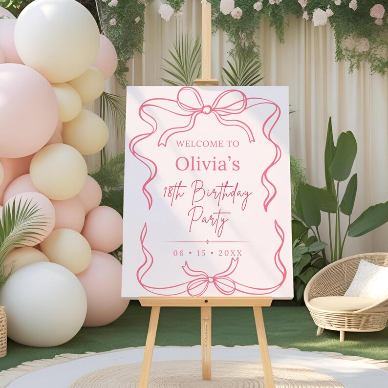 Pink Bow Birthday Welcome Sign Template, Editable Coquette Party Poster ...