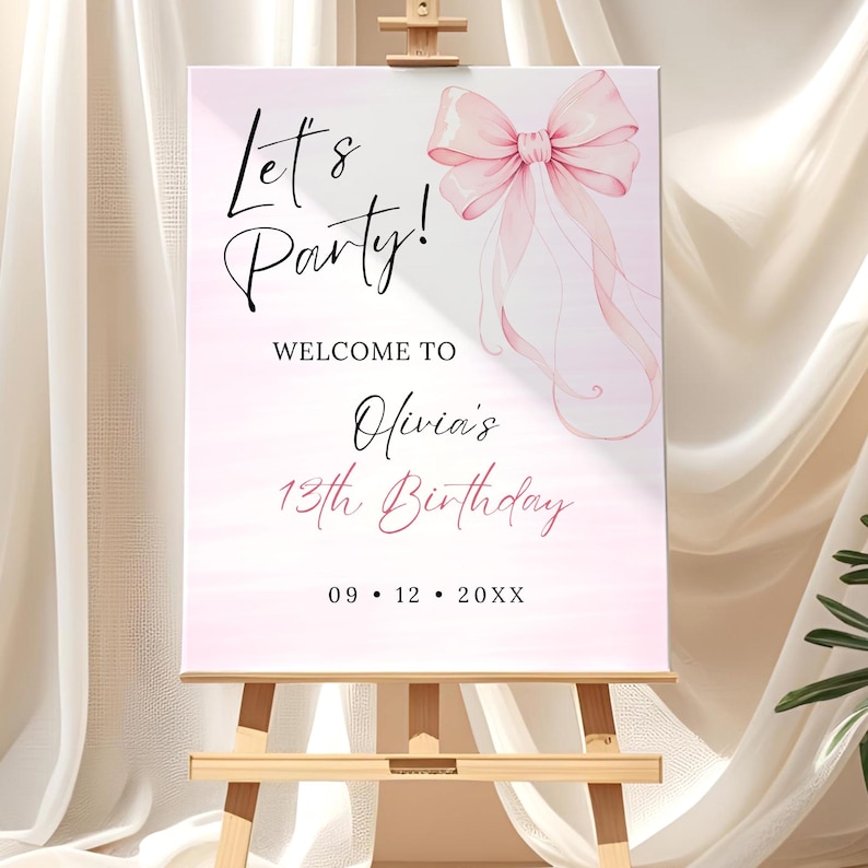 Pink Bow Birthday Welcome Sign Template, Editable Soft Pink Welcome ...