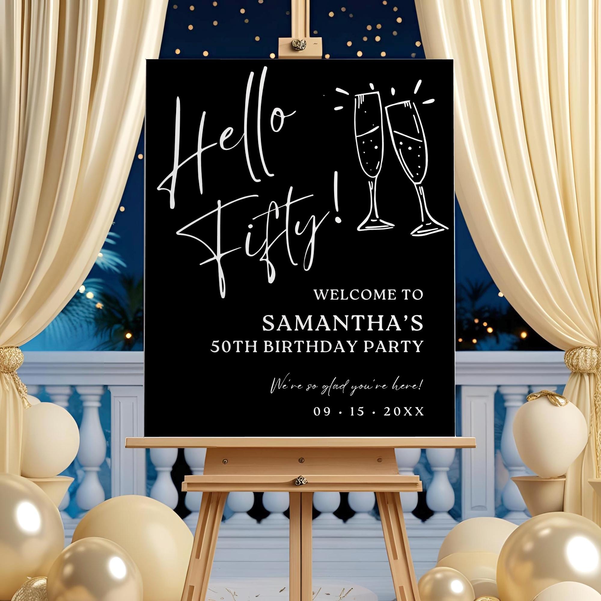 Black 50th Birthday Welcome Sign Template, Editable Hello Fifty Party ...