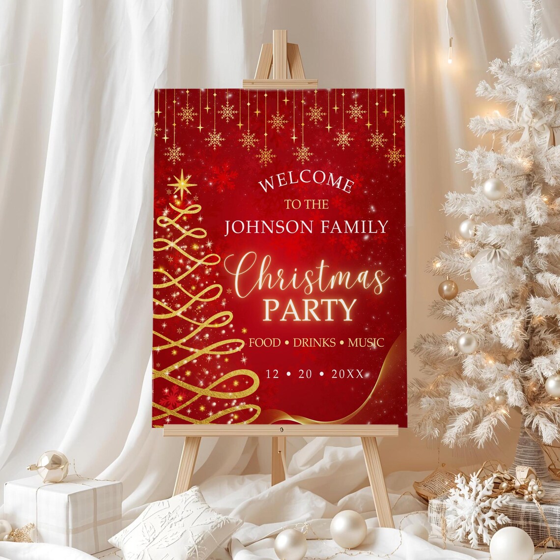 Red and Gold Christmas Party Welcome Sign Template, Editable Holiday ...