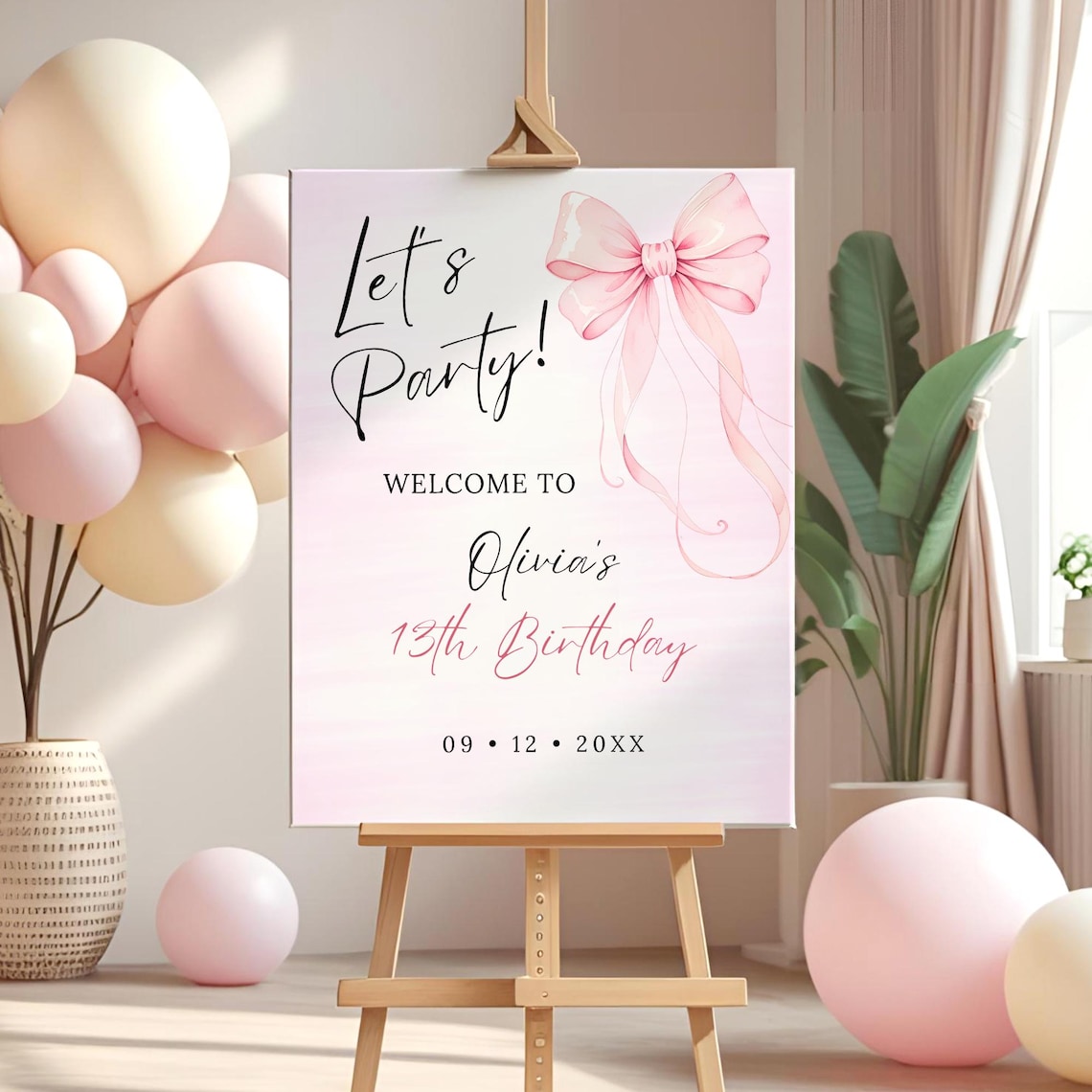 Pink Bow Birthday Welcome Sign Template, Editable Soft Pink Welcome ...