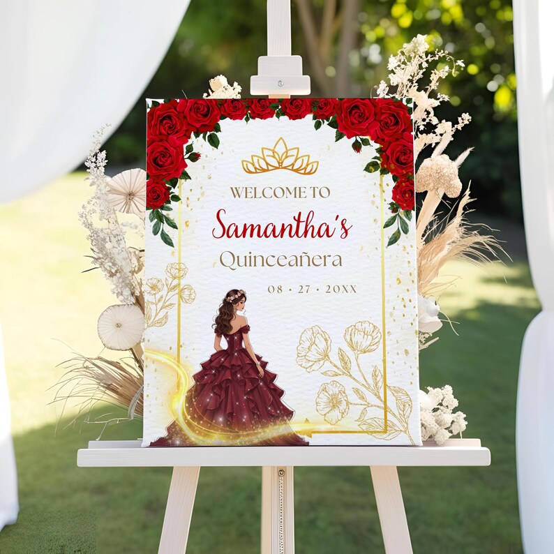 Red Rose Quinceañera Welcome Sign Template, Editable Red Gold Princess ...