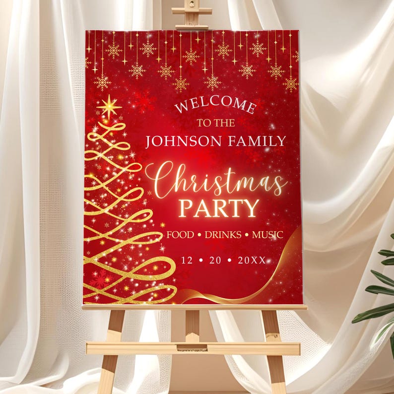Red and Gold Christmas Party Welcome Sign Template, Editable Holiday ...