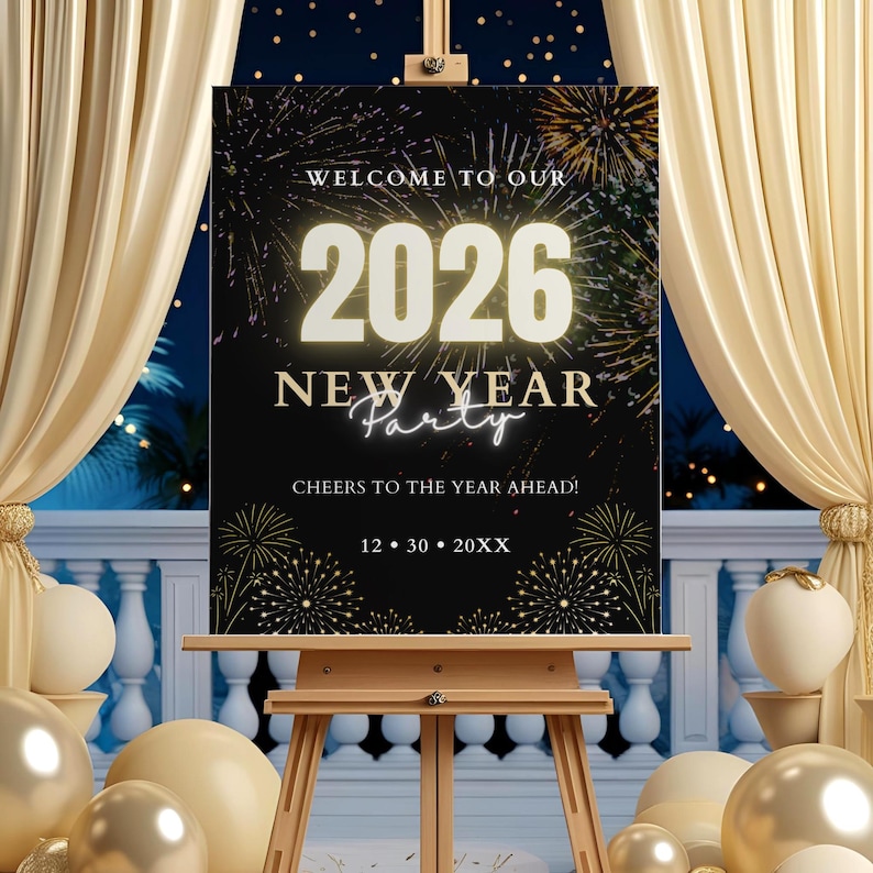 New Years Party Sign 2026, Happy New Year Welcome Board, Black Gold NYE ...