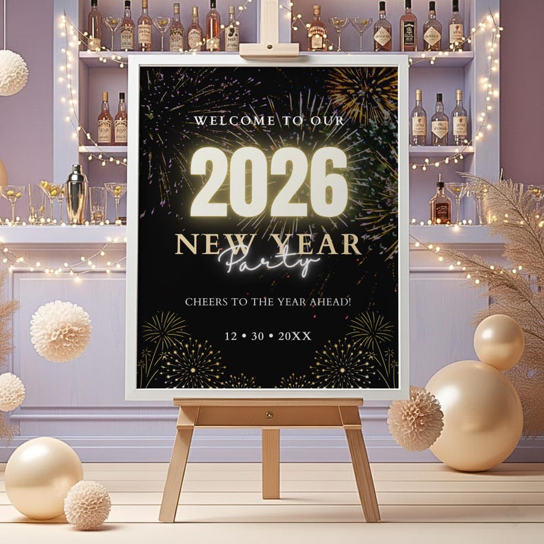New Years Party Sign 2026, Happy New Year Welcome Board, Black Gold NYE ...