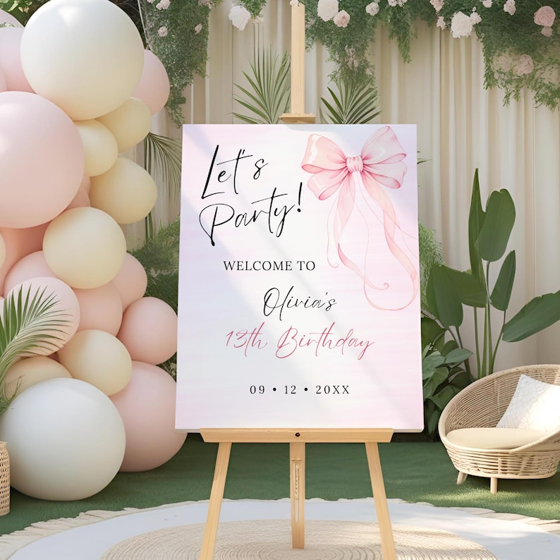 Pink Bow Birthday Welcome Sign Template, Editable Soft Pink Welcome ...