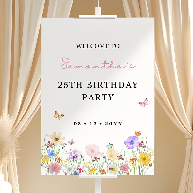 Floral Birthday Welcome Sign Template Editable Garden Party Poster ...